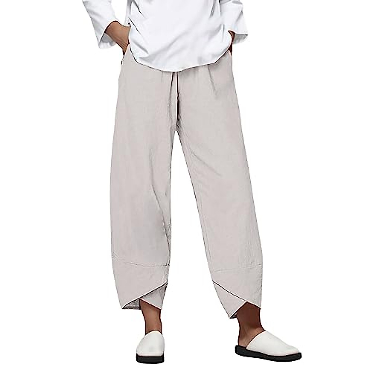 AopnHQ Womens Plus Size Summer Clothes Cotton Capri Pants Relaxed fit Capri Wide Leg Pants Women fold Over Yoga Pant Cotton Yoga Pants with Pocket Womens Dress Pants high Waisted A-Beige