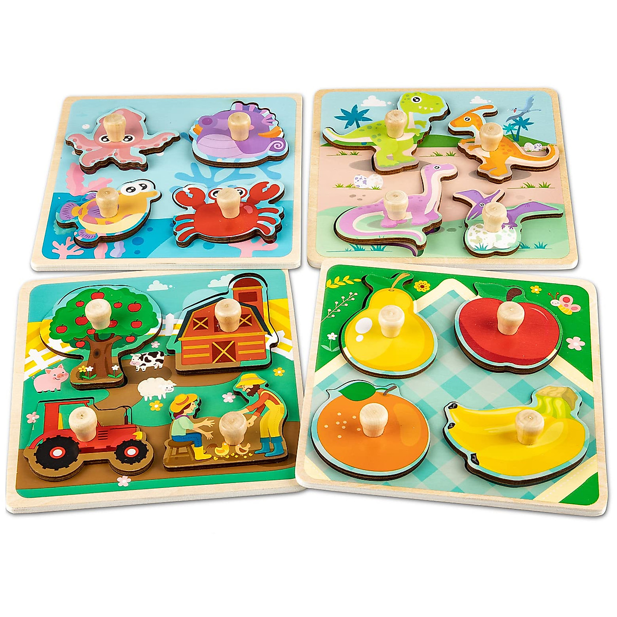 Wooden Toddler Puzzles, Funsland Peg Puzzles Gifts Toys, 4 Pcs Eco Friendly Animal Patterns Jigsaw with Handles, Infant Kid Fine Motor Skill Learning Educational Montessori Puzzles for 1 2 3 Years Old
