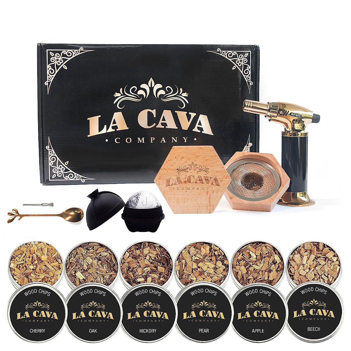 Cocktail Smoker Kit with Torch – 6 Flavors Wood Chips – Sphere Ice Mold, Bourbon, Whiskey Infuser Kit, Old Fashioned Drink Birthday Bourbon Whiskey Gifts for Men, Dad, Husband (Without Butane)