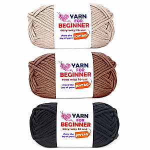 Yarn for Crocheting and Knitting Cotton Crochet Knitting Yarn for Beginners with Easy-to-See Stitches Cotton-Nylon Blend Easy Yarn for Beginners Crochet Kit(3x50g)-Black+Coffee+Beige