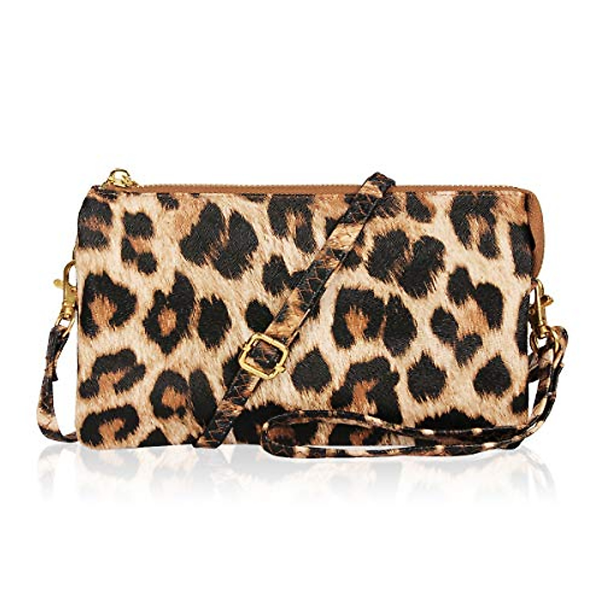RIAH FASHION Convertible Vegan Leather Wallet Purse Clutch - Small Handbag Phone/Card Slots & Detachable Wristlet/Crossbody (Pebbled - Leopard)