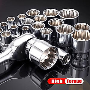 Spline Socket Set 1/2" Drive Universal Metric 8-32mm 12-point Cr-V Socket Set 19pcs