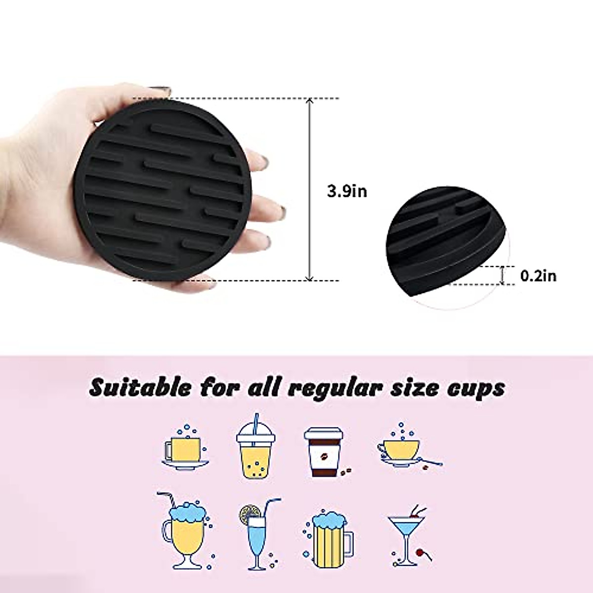Ouzoustate Coasters for Drinks Set of 6,Silicone Coasters for Coffee Table with Holder,Thickened,Easy to Clean,Non-Slip for Wooden Table,Bar,Fits Any Size of Cup (Black)