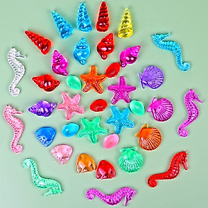 HAPTIME 100 Pcs Sensory Bin Filler, Mini Resin Figures, Plastic Seashells Under The Sea, Little Mermaid Table Decorations, Sea Shells for Crafting, Vase Filler, Diving Gem Pool Toys for Kids