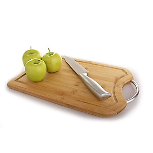 Organic Bamboo Cutting Board with Juice Groove- Best Kitchen Chopping Board for Meat (Butcher Block) Cheese and Vegetables | Anti Microbial Heavy Duty Serving Tray w/Stainless Steel Handles
