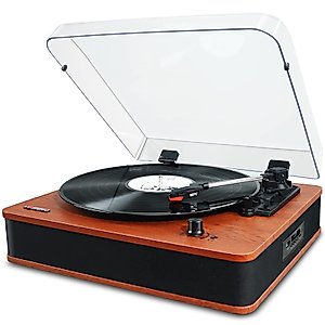 Vosterio Record Player Turntable with Speakers for Vinyl Records, Vintage Bluetooth Belt Drive LP Player with FM Radio, USB, TF Recording, Aux in & LED Display