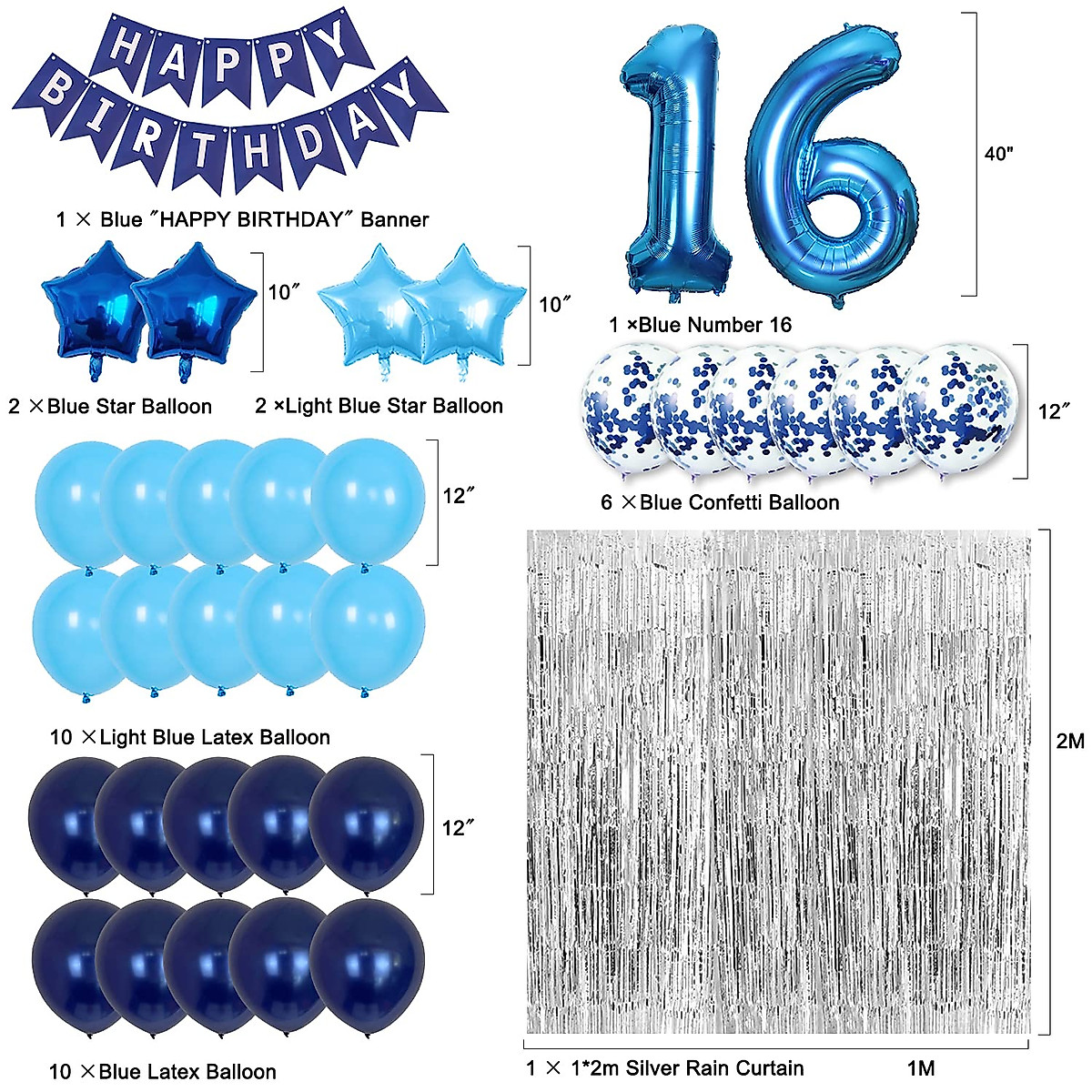 16 Birthday Decorations, Blue 16th Birthday Decorations Girls Boys Party Supplies, Happy 16th Birthday Balloons with Foil Fringe Curtains for Woman Men Birthday Party (16th)