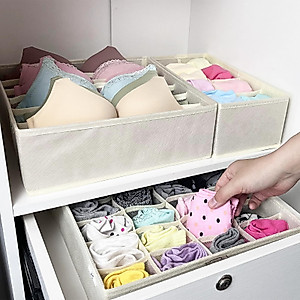 JM PLUS LLC 6 Pack Underwear Organizer with dividers, 58 Cell Drawer Organizer for Clothing Foldable Non-Woven Fabric Dresser Organizer & Storage Boxes for Socks Bra Panty Scarf Ties (Beige)