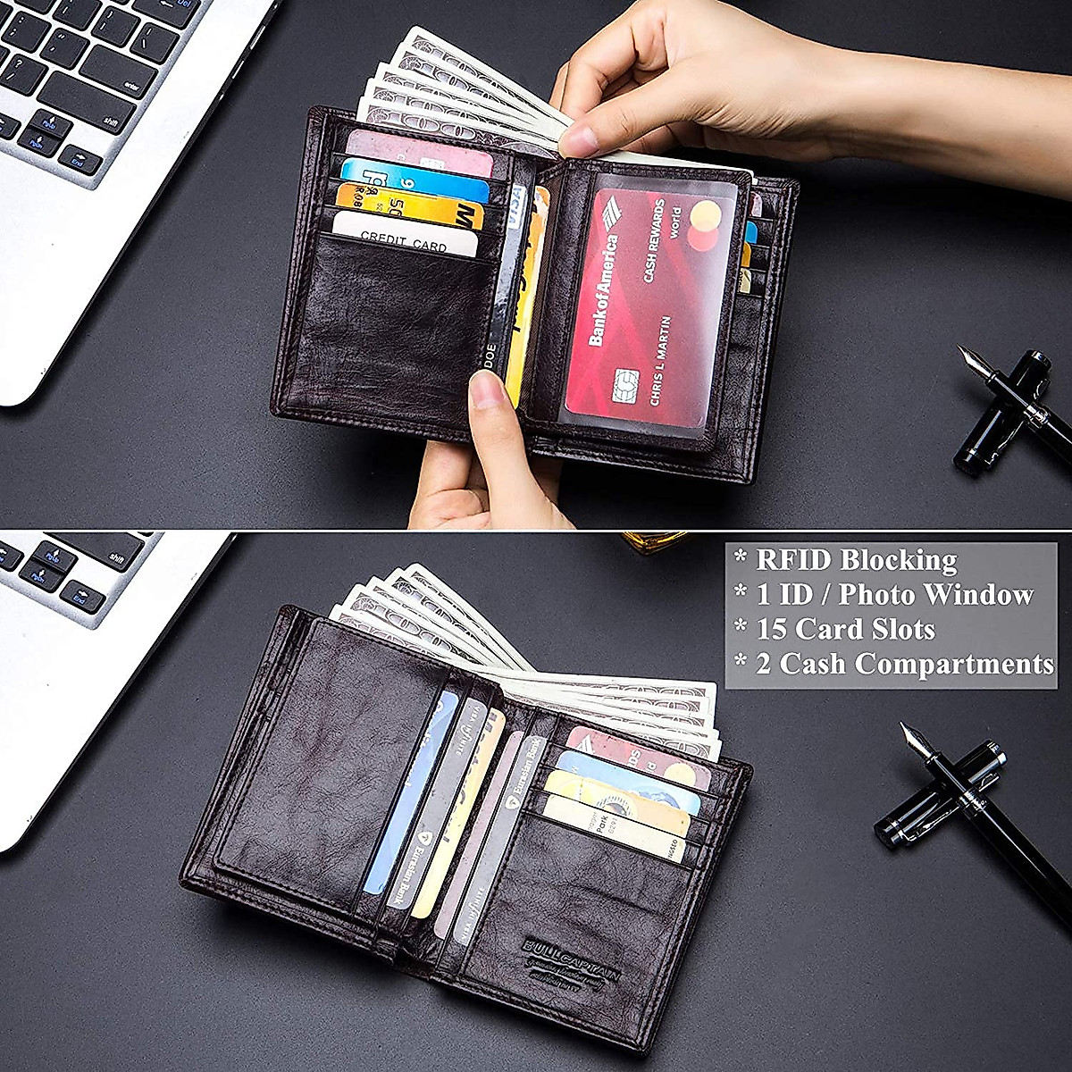 BULLCAPTAIN Large Capacity Genuine Leather Bifold Wallet/Credit Card Holder for Men with 15 Card Slots QB-027 (Purple)