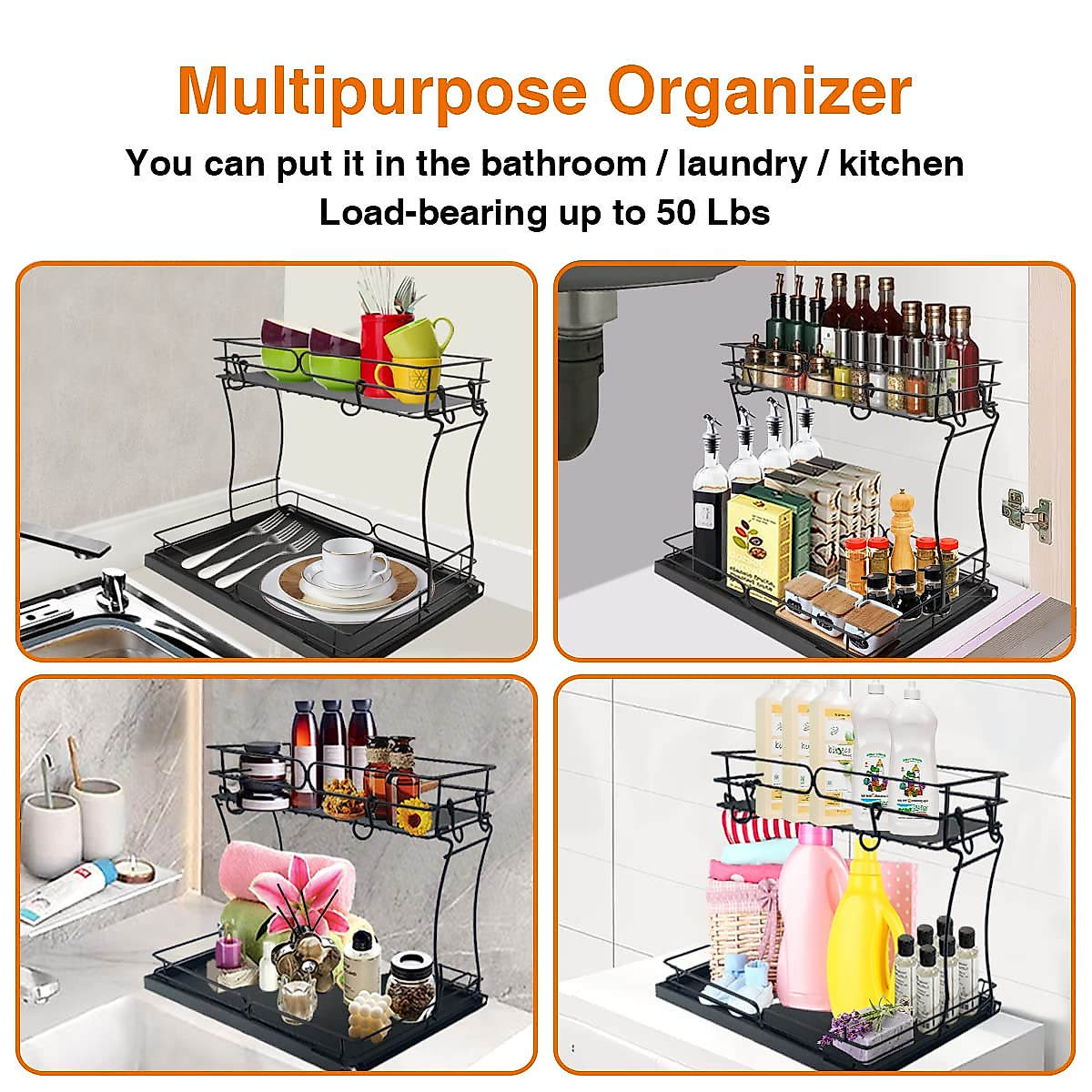 Pull Out Cabinet Organizer 2 Tier Under Sink Slide Out Kitchen Cabinet Storage Shelf Metal Sliding Storage Basket Drawer for Kitchen Bathroom Pantry Cabinet, Request at Least 11 inch Cabinet Opening