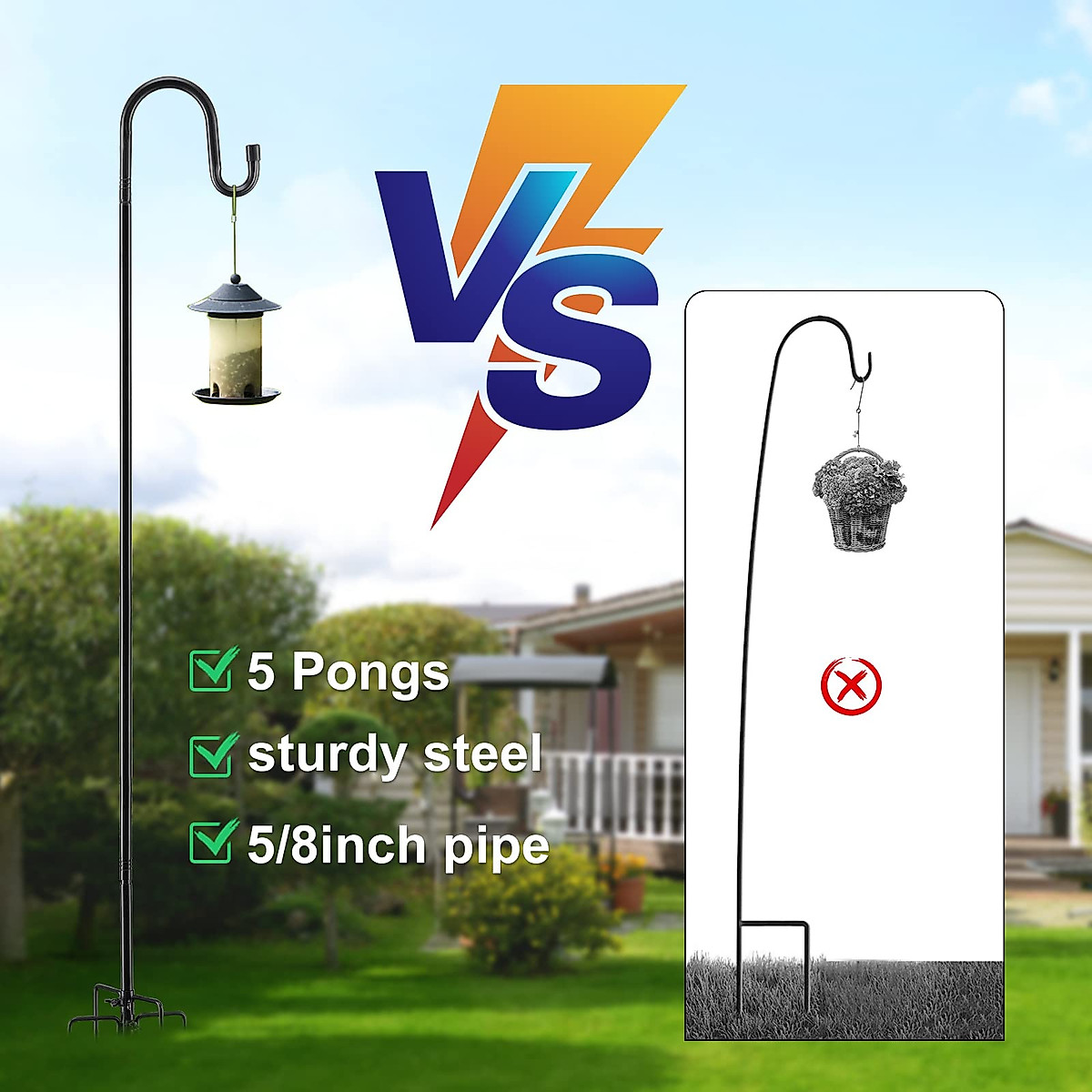 COCONUT Shepherds Hook for Outside, 62 Inch Adjustable Bird Feeder Pole with 5 Prong Base, Garden Hanger Stand for Hummingbird Feeder, Wind Chime, Lantern