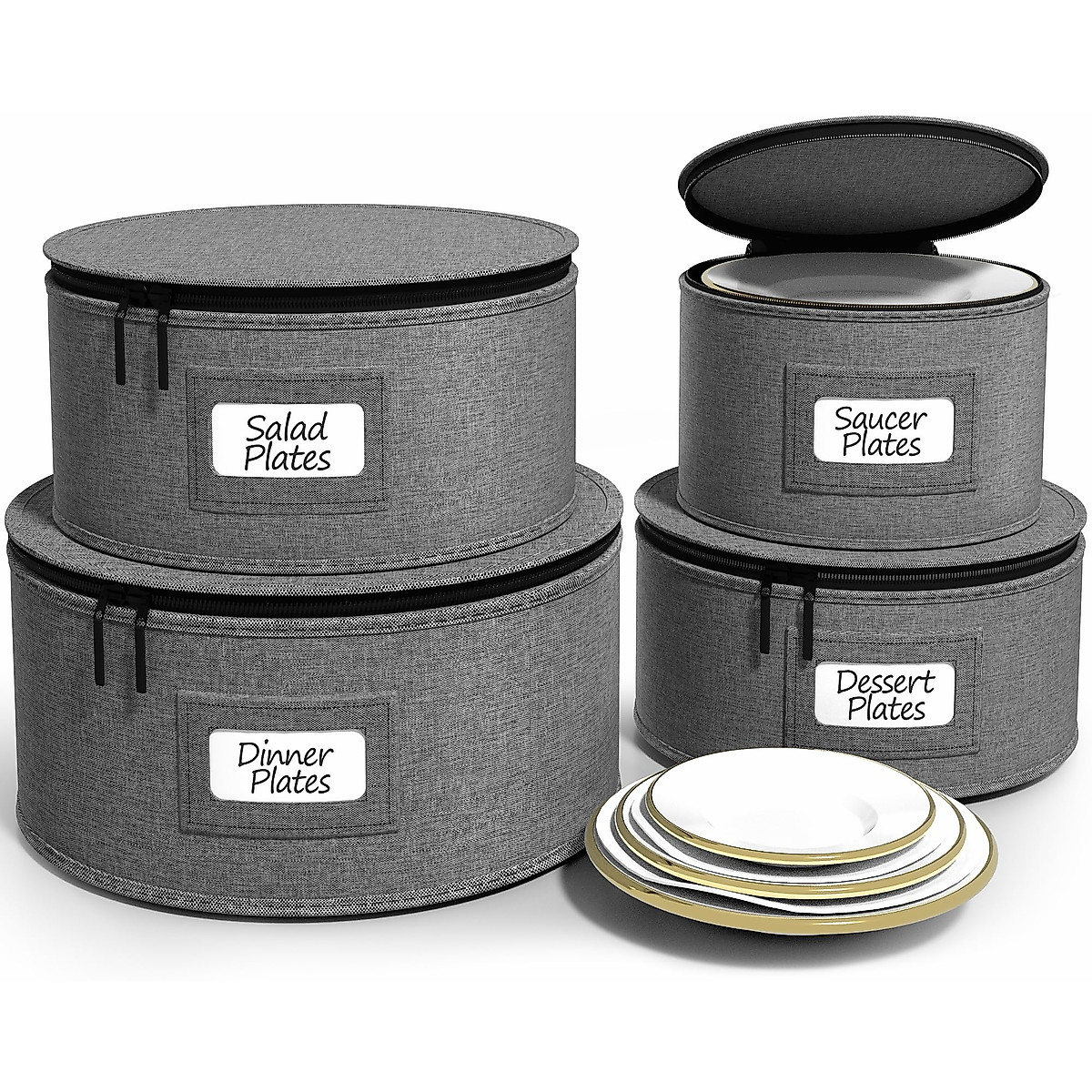 Sorbus China Dinnerware Storage Hard Shell Holders — Round Plate and Cup, Separated Quilted Protection, Felt Plates Protectors - 4-Piece Sturdy Set for Protecting Transporting, Service for 12 (Gray)