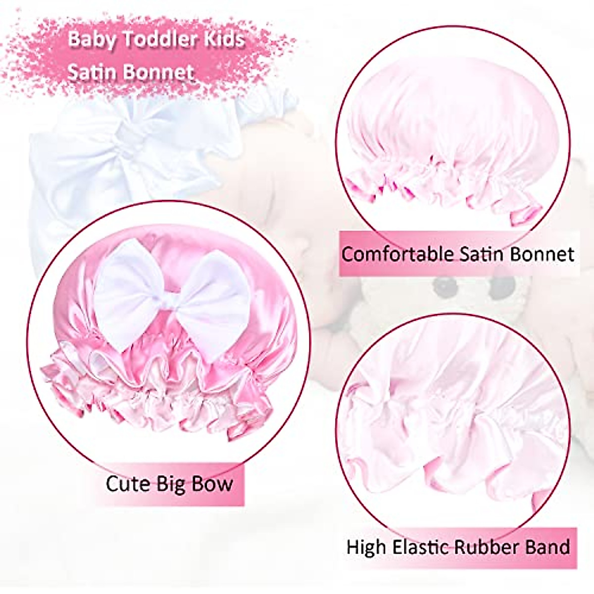 DANMY Kids Satin Bonnet Sleep Cap for Baby Infant Toddler Little Girls, Curly Hair Adjustable Silk Satin Cap for Children（Gray/Dark pink-2pcs）