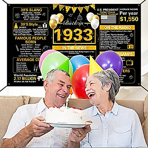 Crenics Black Gold 90th Birthday Decorations, Vintage Back in 1933 Birthday Backdrop Banner, Large 90 Years Old Birthday Anniversary Poster Photo Background Party Supplies for Women Men, 5.9 x 3.6 Ft