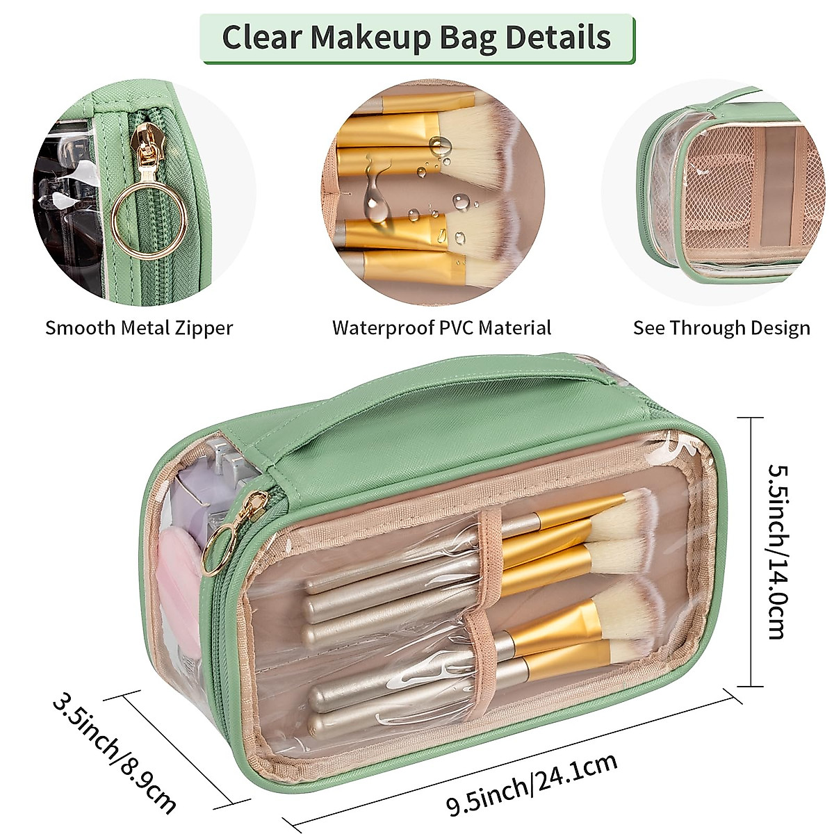 OCHEAL Clear Makeup Bag, Portable Makeup Storage Organizer Cosmetic Bag, Travel Makeup Bag Cute Clear Pouch For Women and Girls Cosmetics Bags with Divider Makeup Brush Compartment-Green