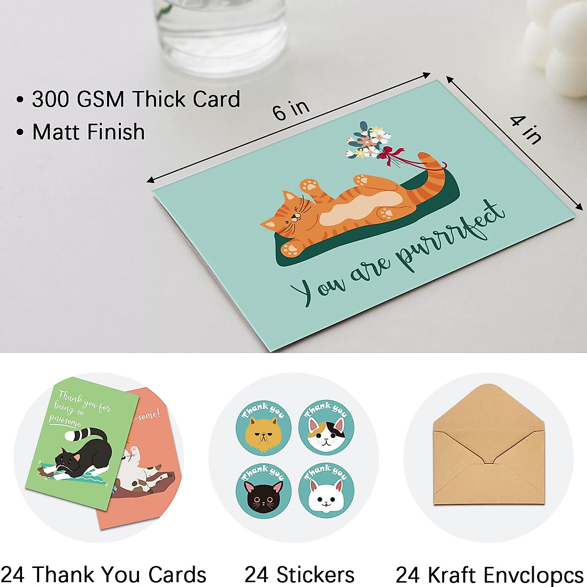 24 Funny Cats Thank You Cards With Envelopes & Stickers, Assorted Cats Pun Appreciation Cards for Kids Business Employee, Cute Cat Bulk Note Cards Stationery Box Set