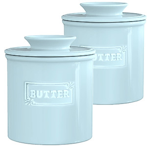 AVLA 2 Pack Ceramic Butter Crock, French Butter Dish with Water Line, Butter Keeper Butter Container for Countertop, Big Capacity, Aqua Blue
