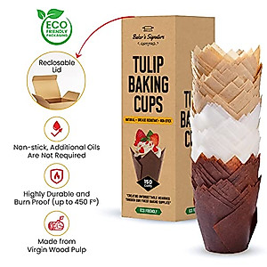 Baker’s Signature Tulip Baking Paper Cupcake & Muffin Liners Pack of 150 | Grease Resistant Wrappers – Will Not Curl or Burn – Comes in Convenient Packaging