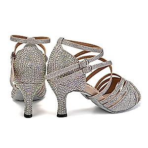 RUYBOZRY Latin Dance Shoes for Women Rhinestones Open Toe Salsa Bachata Performance Ballroom Dancing Shoes,YC-D27-Suede sole-7.5,Silver,US 8