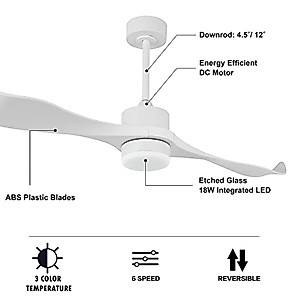WINGBO 52" DC Ceiling Fan with Lights and Remote, White Ceiling Fan, 2 Curved ABS Blades, 6-Speed Reversible DC Motor, Modern Ceiling Fan for Kitchen Bedroom Living Room, ETL Listed