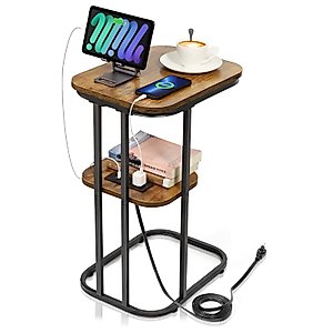 Allinside C Shaped End Table with Charging Station, 2-Tier Side Table with Storage Shelf Large Laptop TV Snack Tray Ideal for Couch, Sofa Slide Under, Bedside, Small Spaces (2 USB Ports & 2 Outlets)