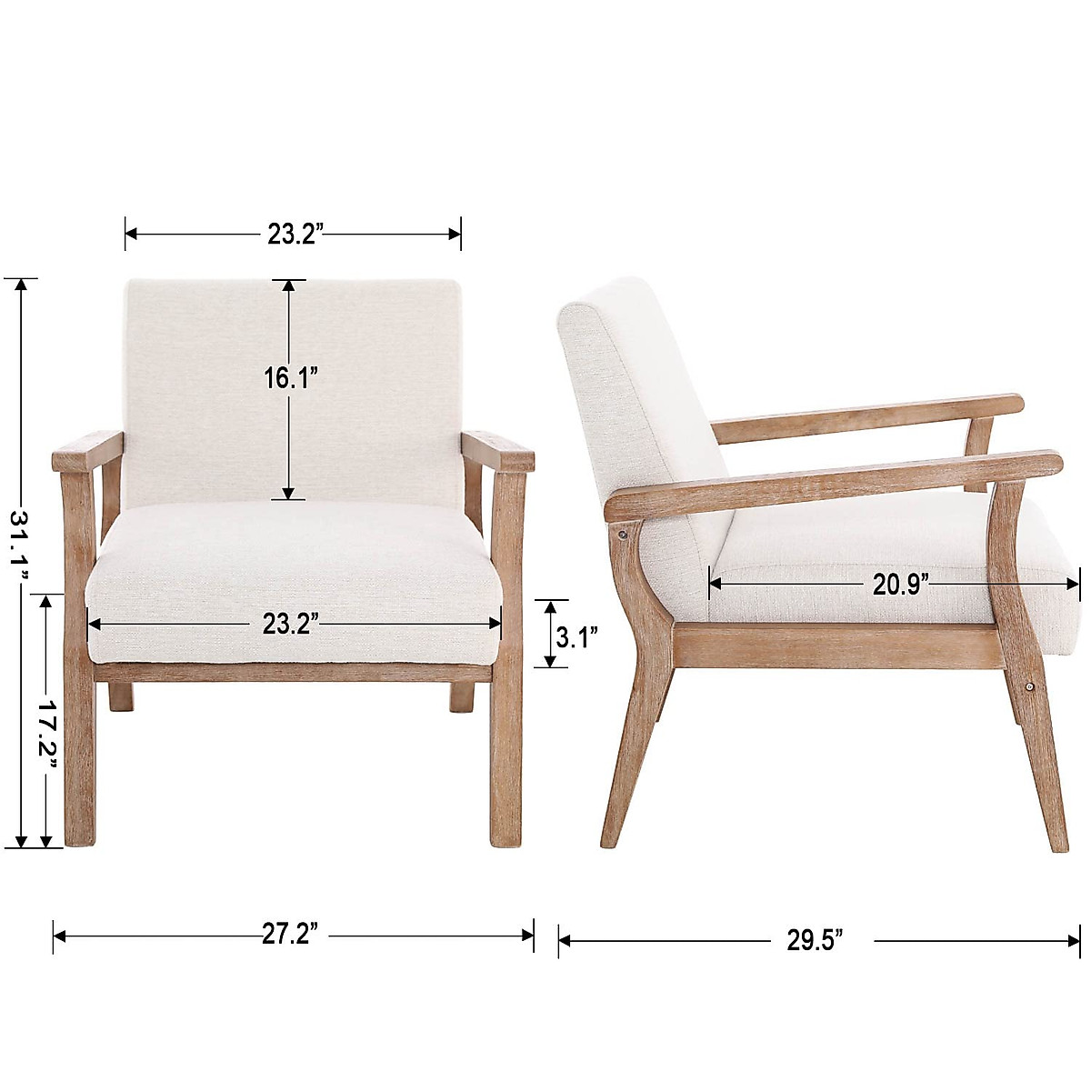 Wahson Set of 2 Mid Century Armchair with Wood Frames, White Linen Upholstered Farmhouse Living Room Chair, for Living Room Bedroom, Ivory