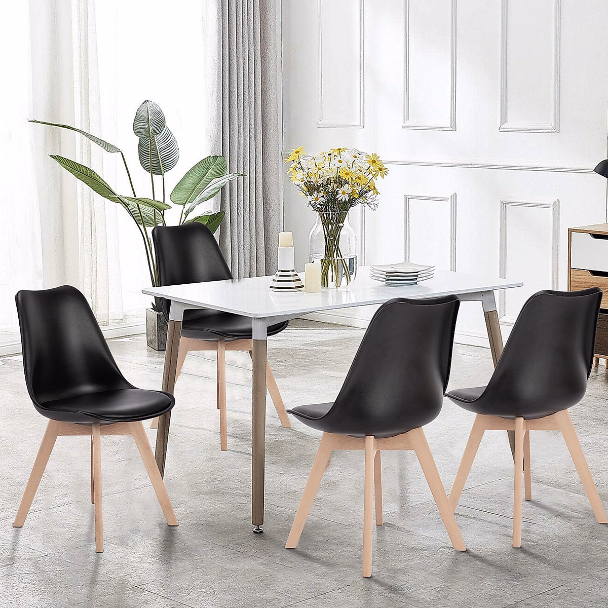 Sweetrcrispy Dining Chairs, Dining Chairs Set of 4, Dining Room Chairs, Kitchen Chairs, Mid Century Modern Chairs, PU Leather Upholstered Chairs with Wood Legs, Kitchen & Dining Room Chairs, Black