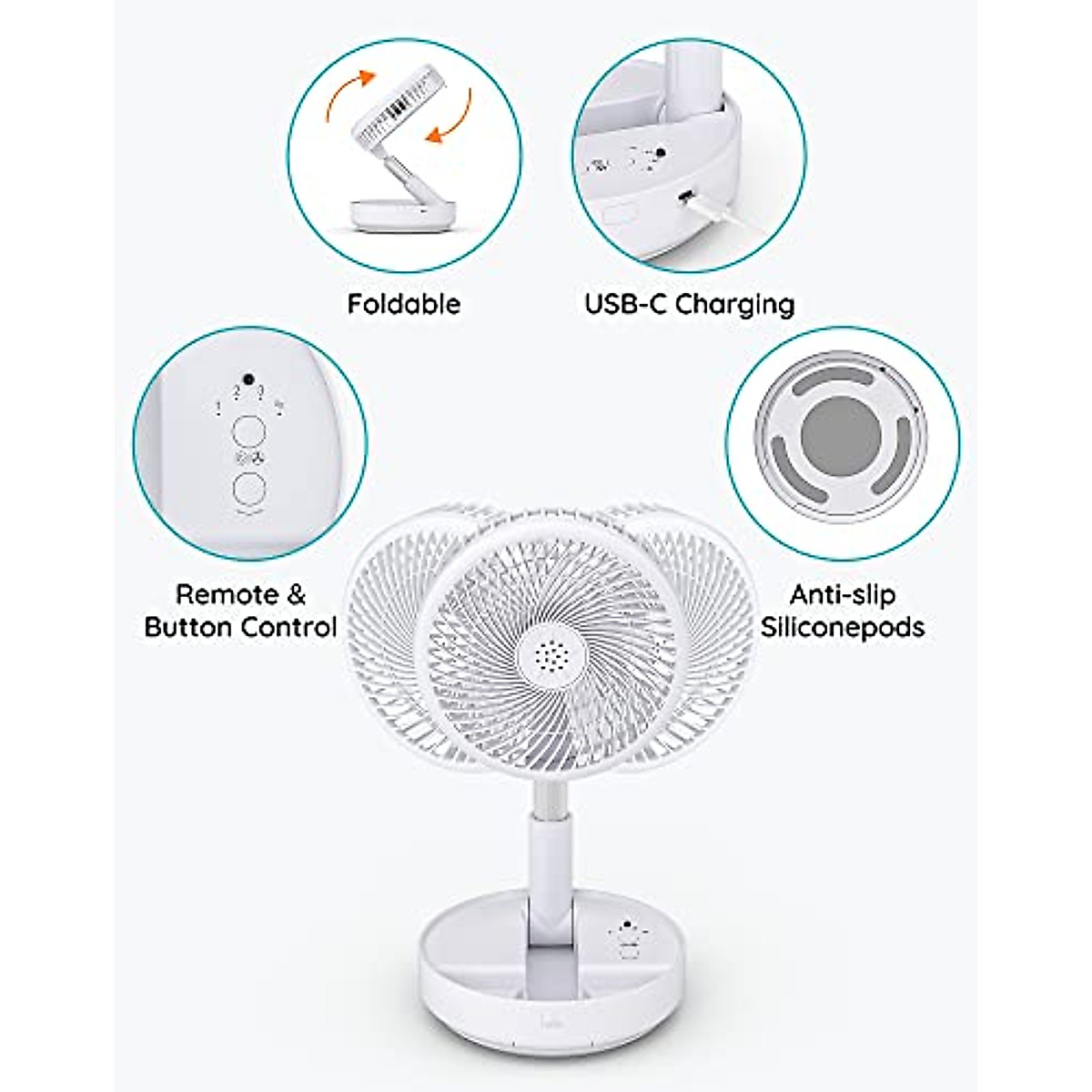 Primevolve Portable Oscillating Standing Fan,Rechargeable Battery Operated USB Floor Table Desk Fan with Remote, 4 Speed Settings Pedestal Fans for Bedroom Office Camping Fishing Travel White 7.7"