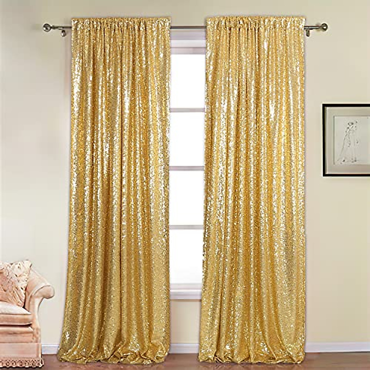 WEMOSI Gold Sequin Backdrop Curtain - 2PCS Glitter 2.5x8FT Gold Sequin Curtains Wedding Party Ceremony Birthday Candy Buffets Photography