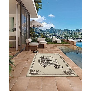 Indoor/Outdoor Area Rug Thanksgiving Turkey Retro Lines Border Carpet for Patio/Backyard/Porch/Deck, Sketch Black Food Camping RV Rugs Mat Water Absorb Non-Shedding Home Floor Pad-4'x6'