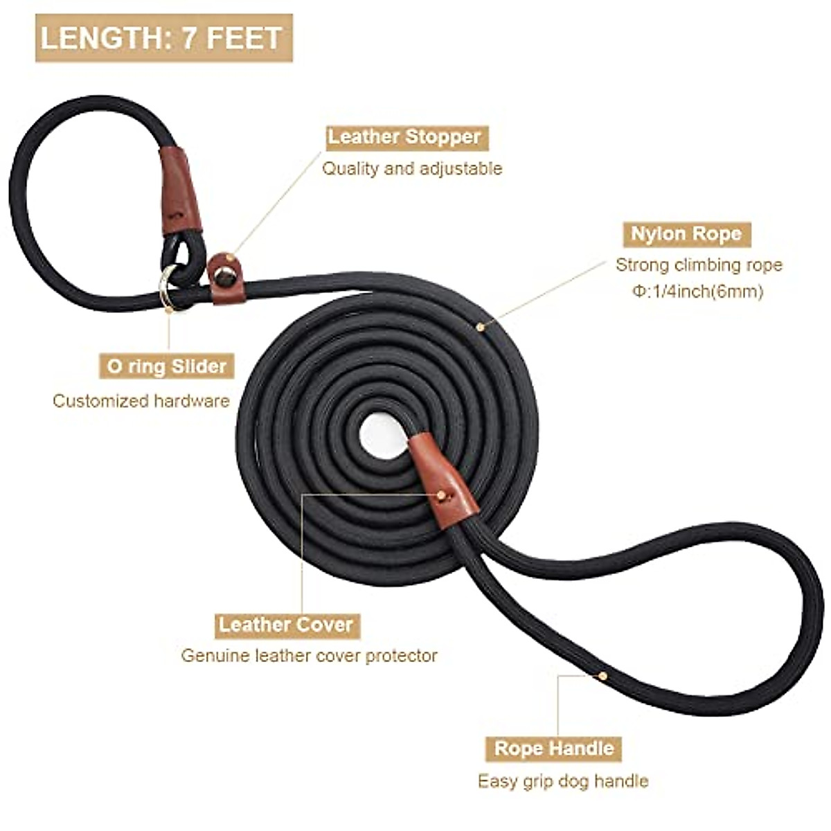 BTINESFUL 7FT Slip Lead Dog Leash, Strong Nylon Rope Leash, 1/4 & 1/2 inch Diam Dog Training Lead for Small Medium Large Dogs (1/4" * 7 FT, Black)