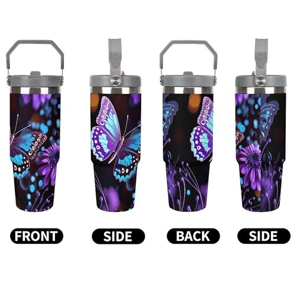 BWQJKUO Large Capacity Car Cup 30 Oz Stainless Steel Purple Butterfly And Flowers Printed Travel Mug Leak-proof Flip Straw Tumbler with Handle,keeps Cold Or Ho