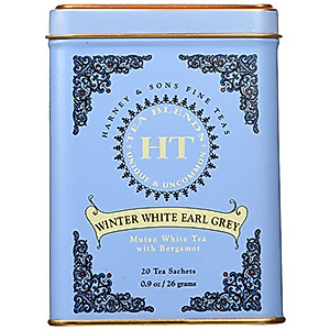 Harney & Son's Mothers Day Winter White Earl Grey Tea (20 Sachets, 1.4oz Tin) - Chinese White Tea Blended with Natural Lemony Bergamot - Caffeinated, Light Bodied Brew - Comes in Decorative Tin
