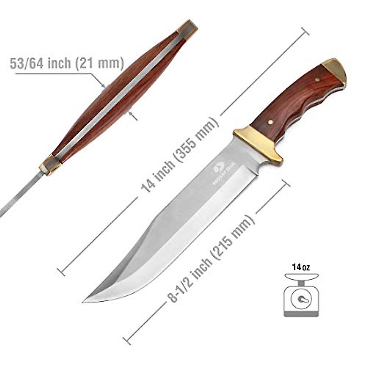 Mossy Oak 14-inch Bowie Knife, Full-tang Fixed Blade, Wood Handle Hunting Knife with Leather Sheath for Camping, Hiking, Survival