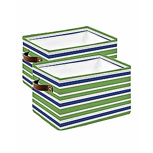 Green Blue White Color Stripes Storage Bins with Handles, Simple Navy Color Storage Basket for Shelves, Cube Storage Organizer Bins for Toys, Closet (2 Pack, 15" x 11" x 9.5")
