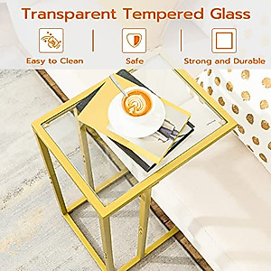 HOOBRO C Shaped End Table, Tempered Glass Snack Side Table with Metal Frame, TV Tray Table for Small Space, Sofa Couch and Bed, Modern Style, Gold GD03SF01G1