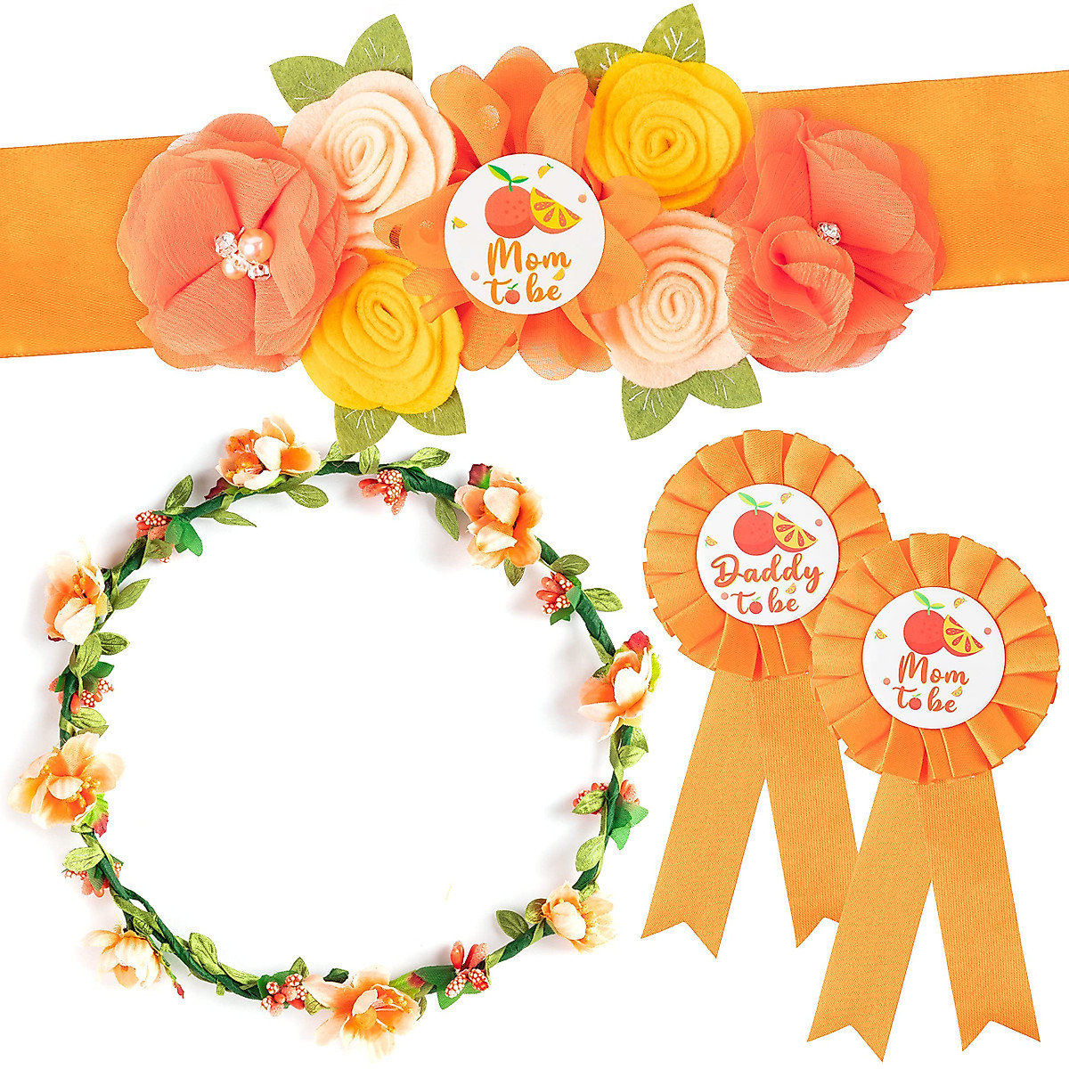Little Cutie Citrus Maternity Sash Mom to Be & Daddy to Be Corsage Orange Clementine Flower Crown Pregnancy Sash Decoration Autumn Baby Shower Kit Party Favors Pregnancy Photo Prop Gift