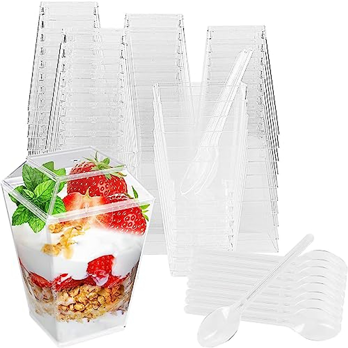 BEGA HOME Dessert Cups - 5oz 50 Cups, 50 Lids and 50 Spoons - Great for Parfaits, Pudding, Yogurt, & Mini Treats - Small Clear Plastic Cups, Yogurt Parfait Cups with Lids & Spoons