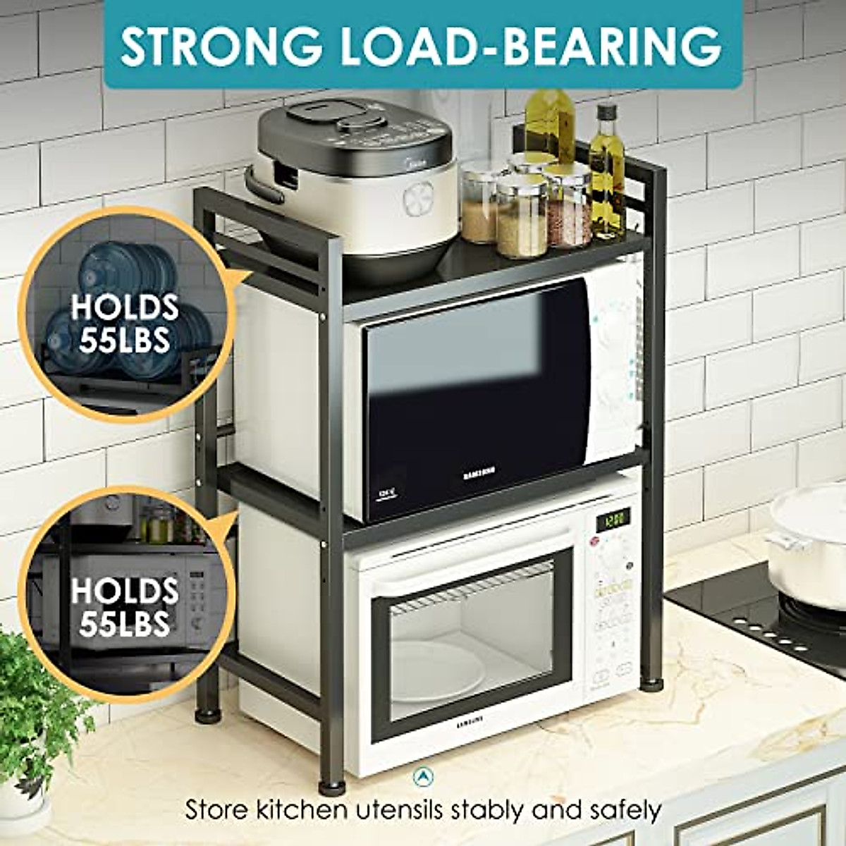 DOLALIKE Microwave Oven Rack, Expandable Microwave Stand Countertop Kitchen Utensils Tableware Storage, Carbon Steel Over Microwave Shelf Countertop 3 Tier with 3 Hooks