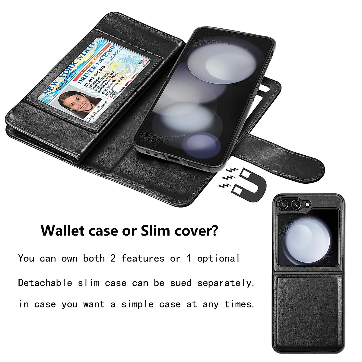 Njjex Galaxy Z Flip 5 5G Case, for Samsung Galaxy Z Flip 5 5G Wallet Case, [9 Card Slots] PU Leather ID Credit Holder Folio Flip [Detachable] Kickstand Magnetic Phone Cover & Lanyard [Black]