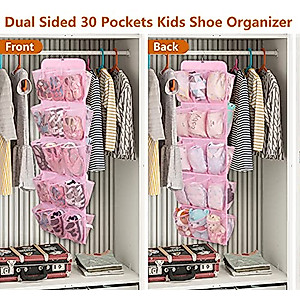 AOODA Hanging Kids Shoe Organizer for Closet Rod Double Sided 30 Large Pockets Baby Shoe Rack for Toddler Shoe Holder With Rotating Hanger For Barbie, Baby Nursery, (Pink)