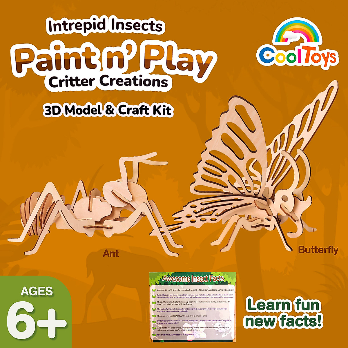 CoolToys Intrepid Insects Paint n' Play 3D Model and Craft Kit - Educational and Fun 3D Wooden Models Building and Painting Set for Kids Ages 6+ - Creative STEM Art Project for Boys and Girls