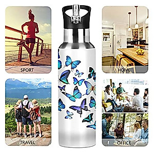 Kcldeci Blue Butterfly Sports Water Bottle 20 Oz Straw Lid Leak Proof Vacuum Insulated Stainless Steel Water Bottles Hot Cold Double Walled Thermo Mug Tumbler Travel Cup
