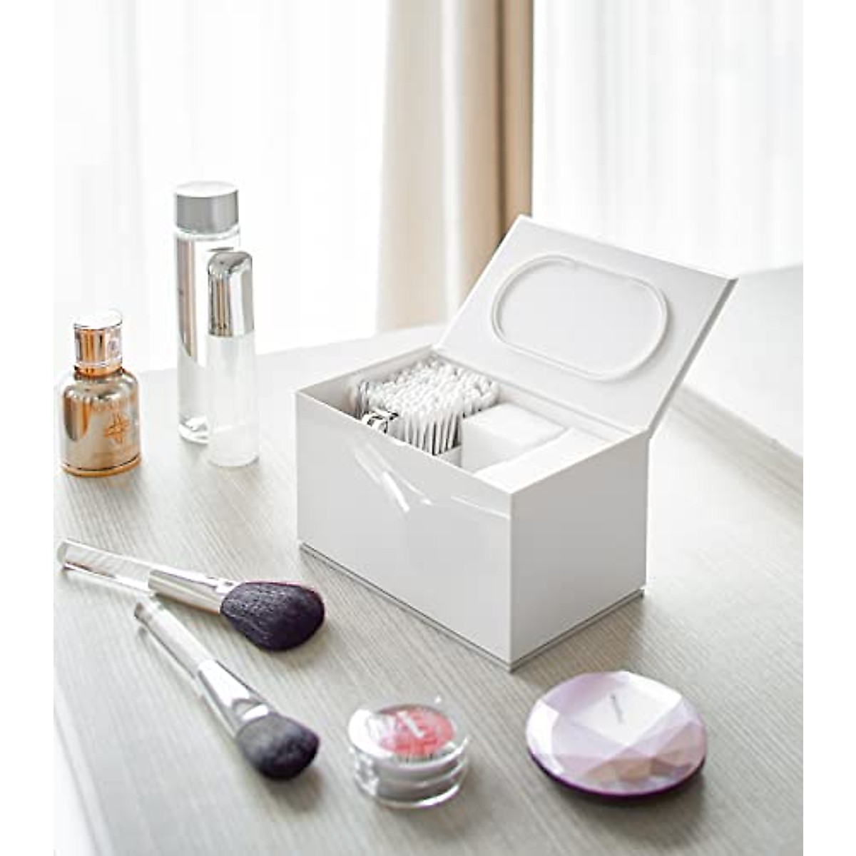 Yamazaki Home Veil Cotton Case - Large Bathroom Skincare Storage Container & Makeup Removal Organizer Bin with Lid - Abs Plastic