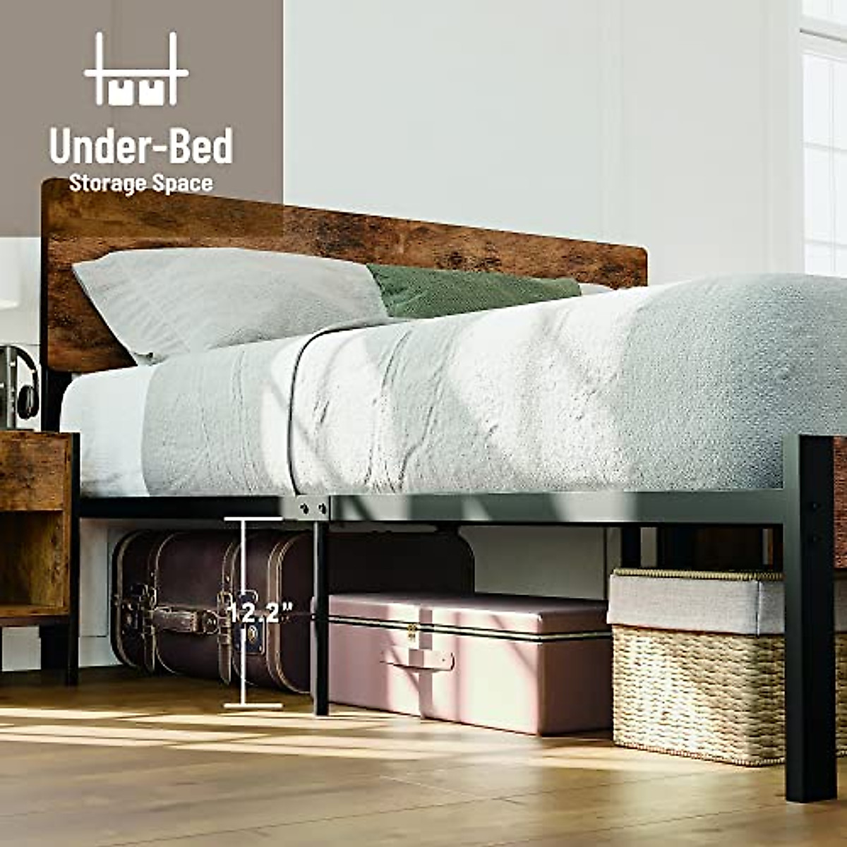 LIKIMIO Queen Bed Frame with Headboard, Strong Steel Slat Support, Tool-Free Assembly, Underbed Storage Space, No Box Spring Needed