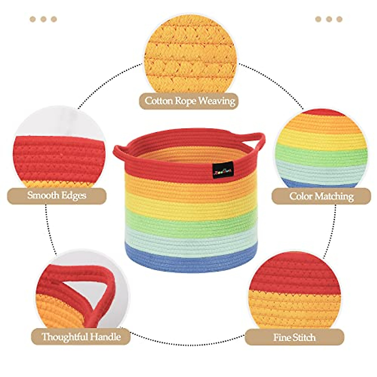 Zooawa Rainbow Storage Cotton Rope Baskets for Baby Room|Rainbow Baskets for Classroom | Baby Laundry Basket for Nursery Storage|Toy Baskets Organizer for Baby Rainbow Nursery Decor,14" x 12"