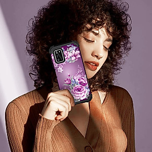LONTECT for Galaxy A03S Case Floral Shockproof Rugged Heavy Duty 3 in 1 Hybrid Sturdy High Impact Protective Cover Case for Samsung Galaxy A03S 6.5 inch,Purple Flower/Black