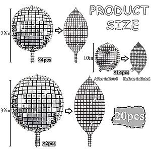 20Pcs Disco Ball Balloons Different Sizes- 4D Large Disco Balloons 32” 22” 10 Inch Assorted Round Metallic Silver Disco Mylar Balloons for 70s 80s Disco Themed Birthday New Year's Party Decor Supplies