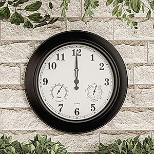 Pure Garden Thermometer 18" Metal Indoor/Outdoor Patio Wall Clock Black
