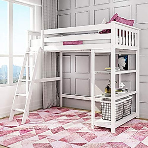 Max & Lily High Loft Bed, Twin Bed Frame For Kids With Bookcase, White